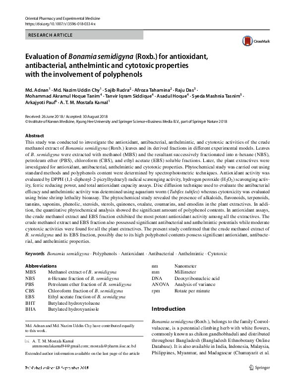 (PDF) Evaluation of Bonamia semidigyna (Roxb.) for antioxidant ...