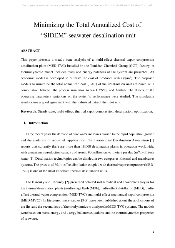 (PDF) Minimizing the total annualized cost of “SIDEM” seawater ...