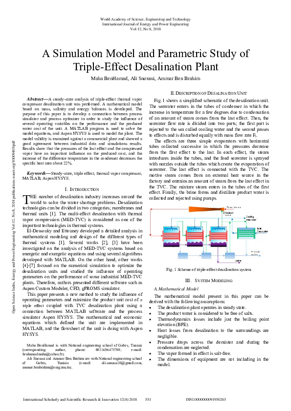 (PDF) A Simulation Model And Parametric Study Of Triple-Effect Desalination Plant