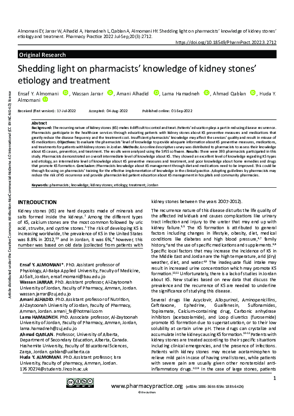 (PDF) Shedding light on pharmacists’ knowledge of kidney stones’ etiology and treatment