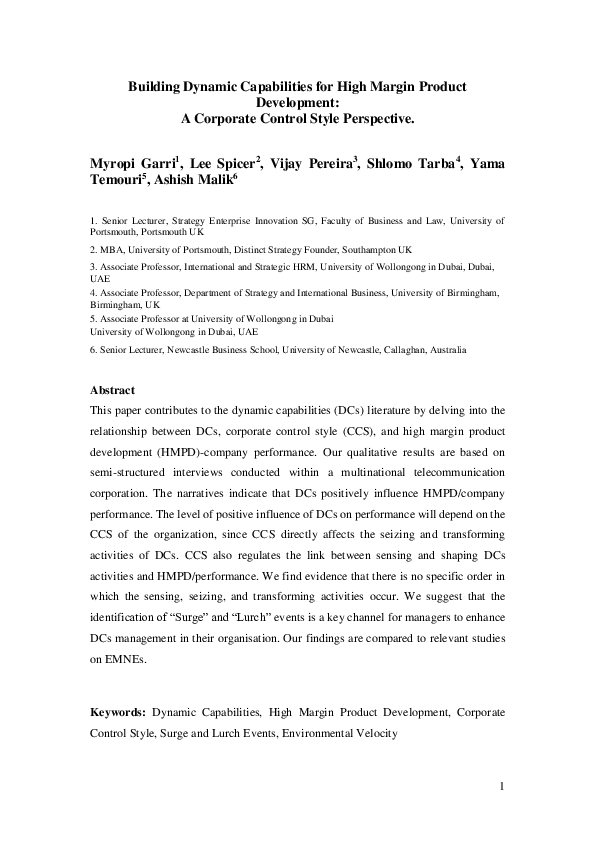 (PDF) Building dynamic capabilities for high margin product development: a corporate control ...