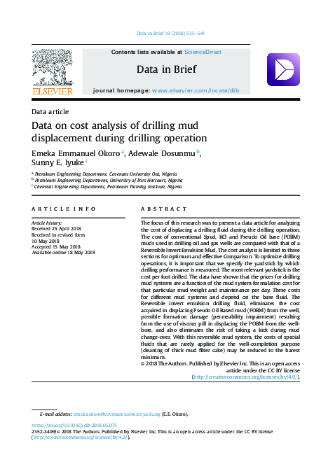 (PDF) Data on cost analysis of drilling mud displacement during drilling operation