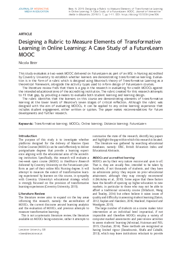 (PDF) Designing a Rubric to Measure Elements of Transformative Learning in Online Learning: A ...