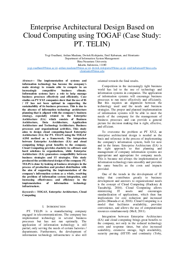 (PDF) Enterprise Architectural Design Based on Cloud Computing using TOGAF (Case Study: PT. TELIN)