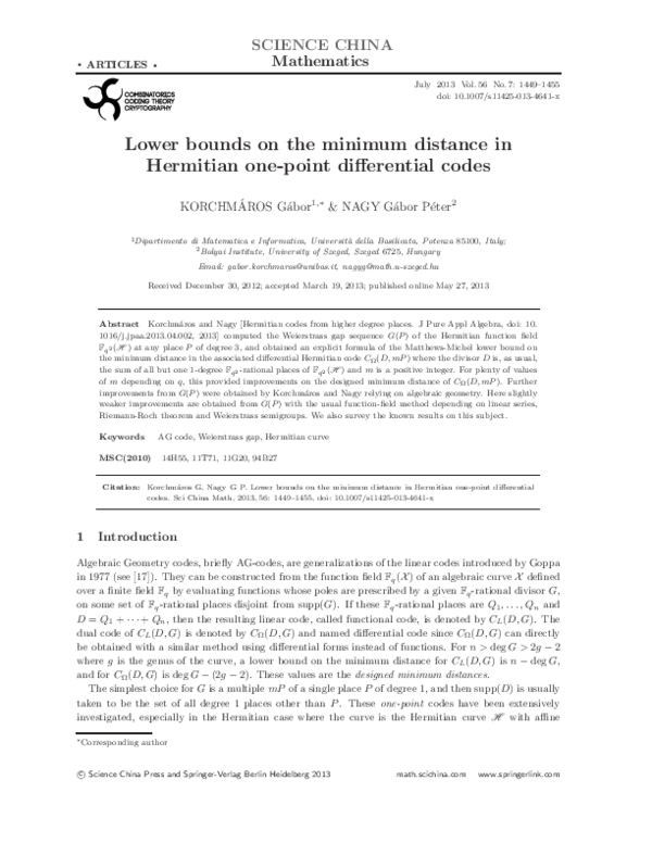 Pdf Lower Bounds On The Minimum Distance In Hermitian One Point Differential Codes