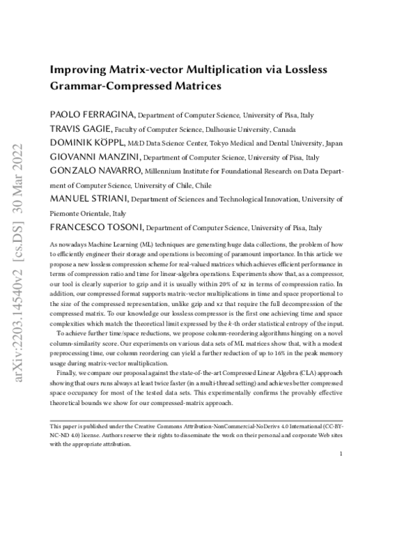 Pdf Improving Matrix Vector Multiplication Via Lossless Grammar Compressed Matrices