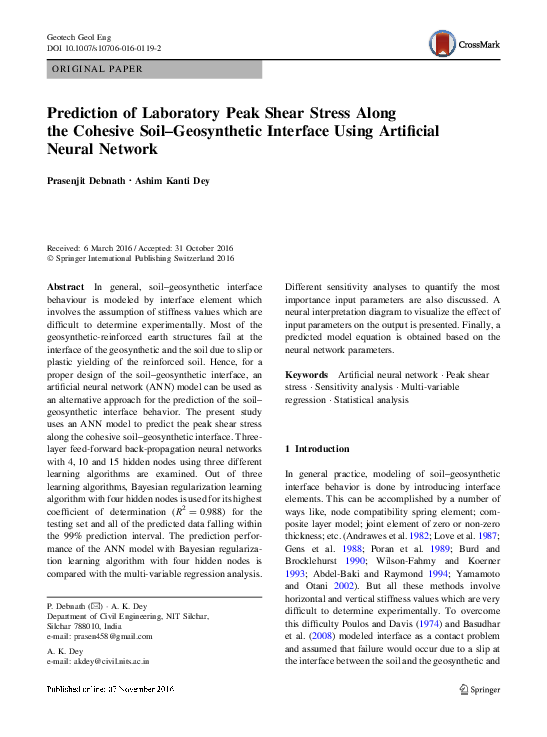(PDF) Prediction of Laboratory Peak Shear Stress Along the Cohesive Soil–Geosynthetic Interface ...