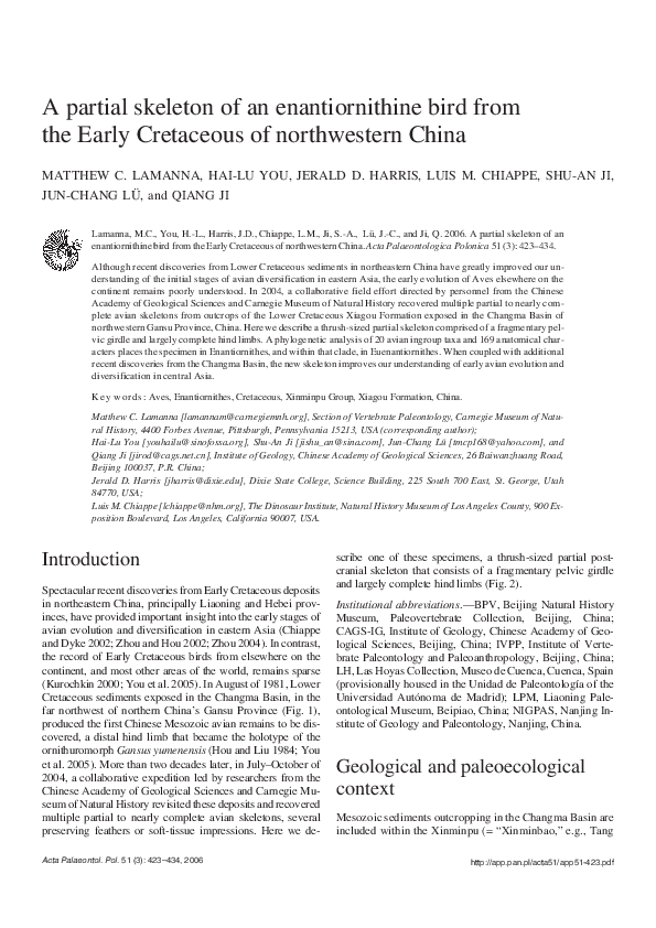 (PDF) An enantiornithine (Aves: Ornithothoraces) partial skeleton from ...