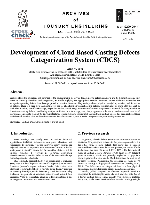 (PDF) Development of Cloud Based Casting Defects Categorization System ...