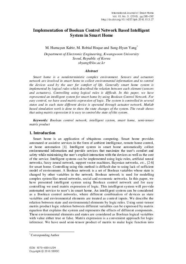 (PDF) Implementation of Boolean Control Network Based Intelligent System in Smart Home