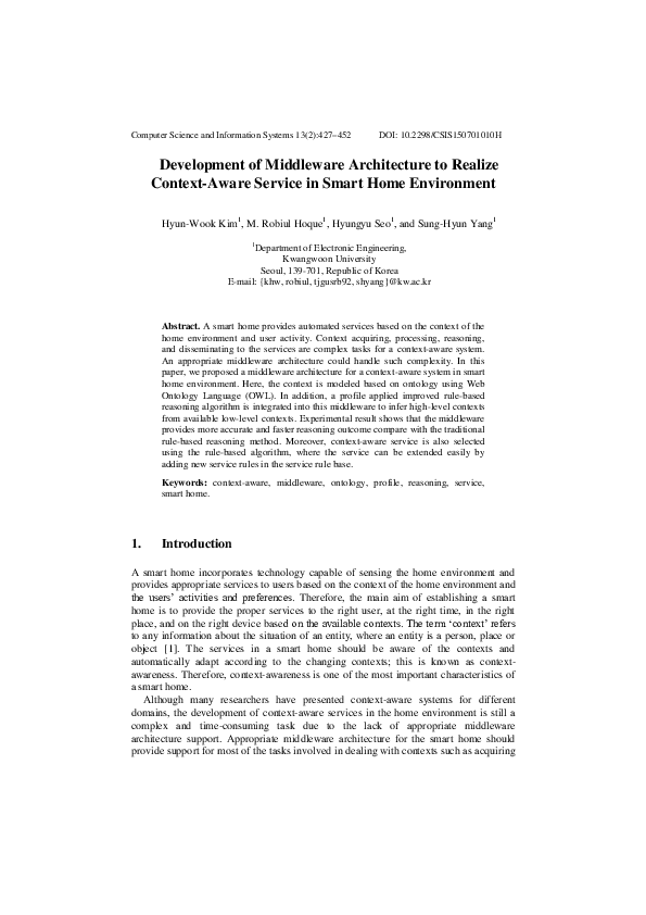 Pdf Development Of Middleware Architecture To Realize Context Aware Service In Smart Home