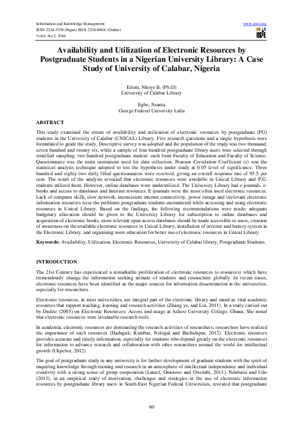 (PDF) Availability and Utilization of Electronic Resources by Postgraduate Students in a ...