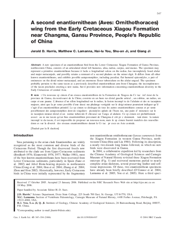 (PDF) A second enantiornithean (Aves: Ornithothoraces) wing from the ...