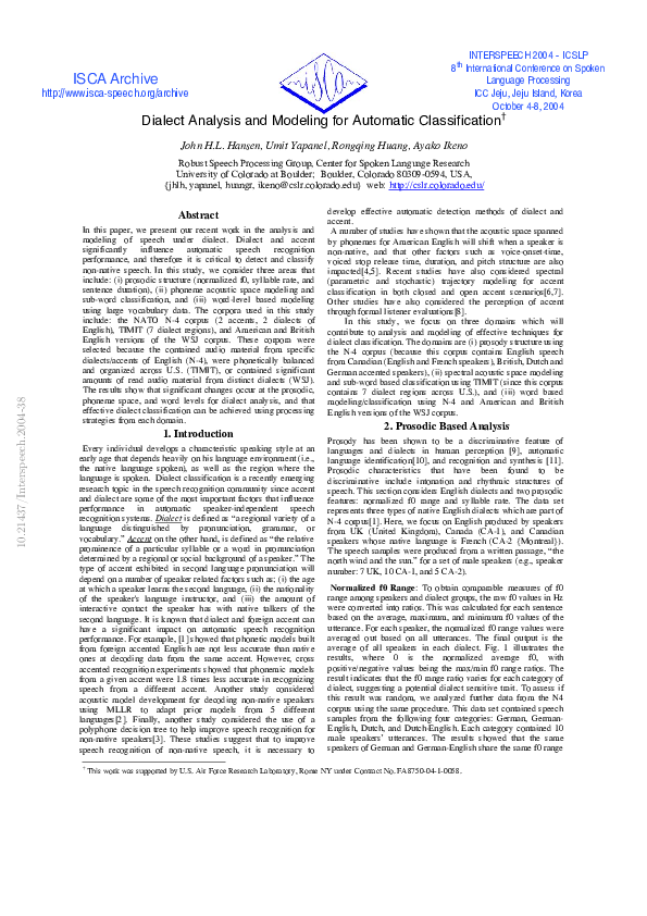 Pdf Dialect Analysis And Modeling For Automatic Classification