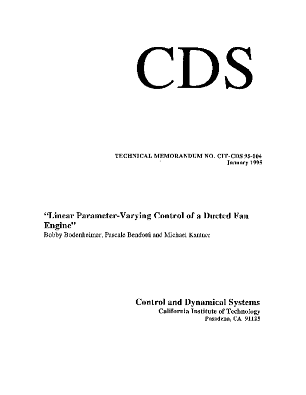 Pdf Linear Parameter Varying Control Of A Ducted Fan Engine
