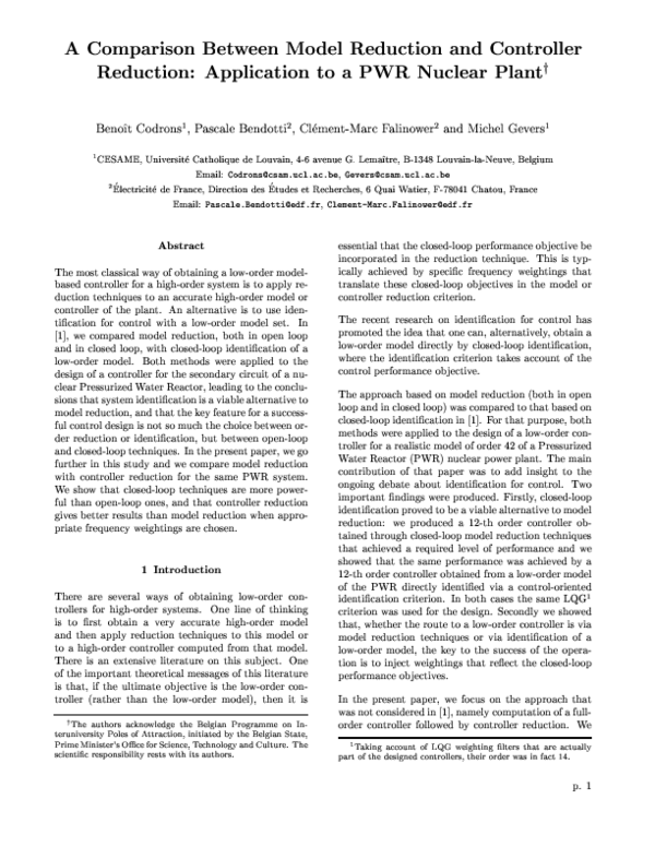 Pdf A Comparison Between Model Reduction And Controller Reduction Application To A Pwr