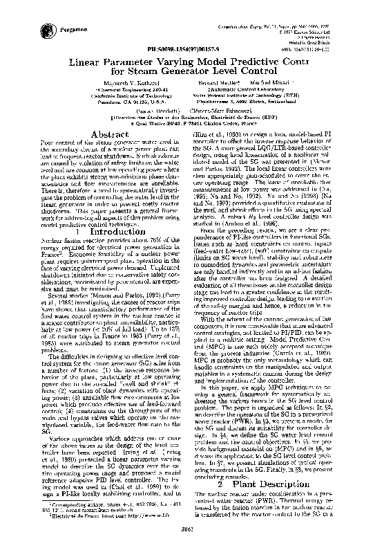 Pdf Linear Parameter Varying Model Predictive Contr For Steam Generator Level Control