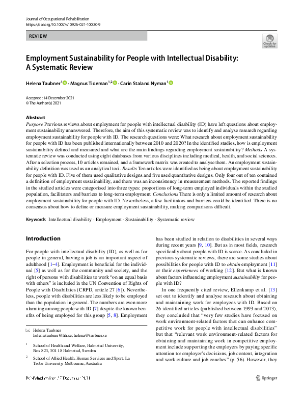 (PDF) Employment Sustainability for People with Intellectual Disability ...