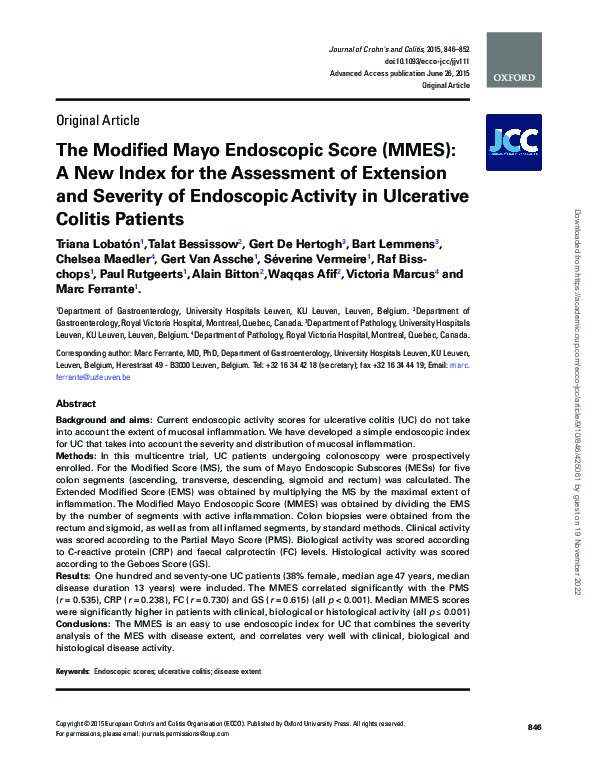 (PDF) The Modified Mayo Endoscopic Score (MMES): a new index for the ...
