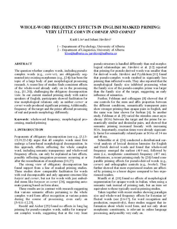 (PDF) Whole-word frequency effects in English masked priming: Very little CORN in CORNER and CORNET