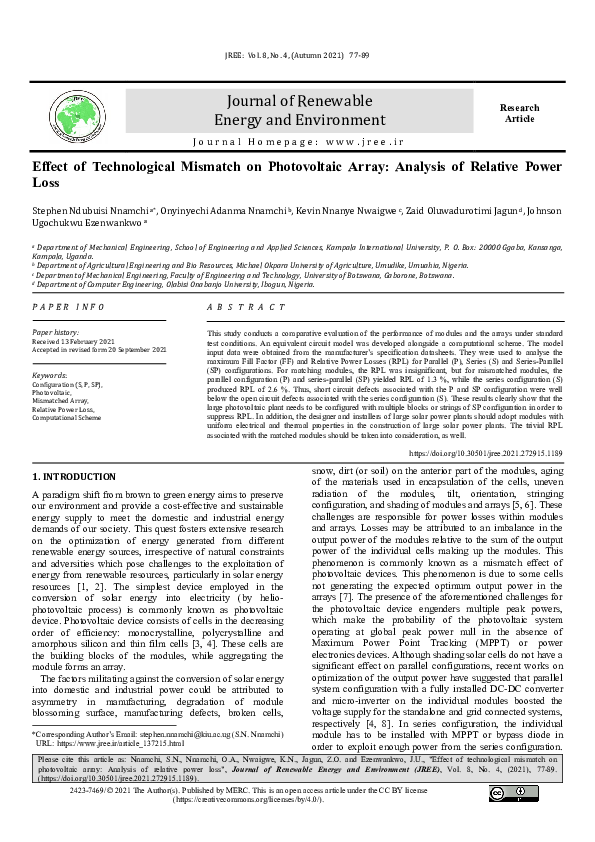 (PDF) Effect of Technological Mismatch on Photovoltaic Array: Analysis ...