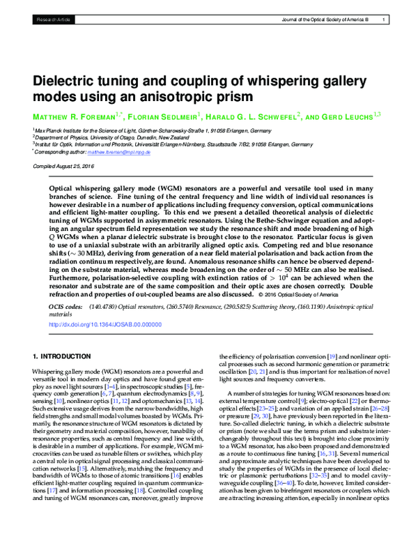 (PDF) Dielectric tuning and coupling of whispering gallery modes using an anisotropic prism