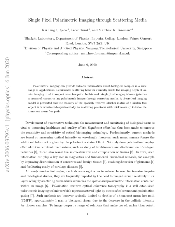 (PDF) Single pixel polarimetric imaging through scattering media (PDF) Single pixel polarimetric imaging through scattering media