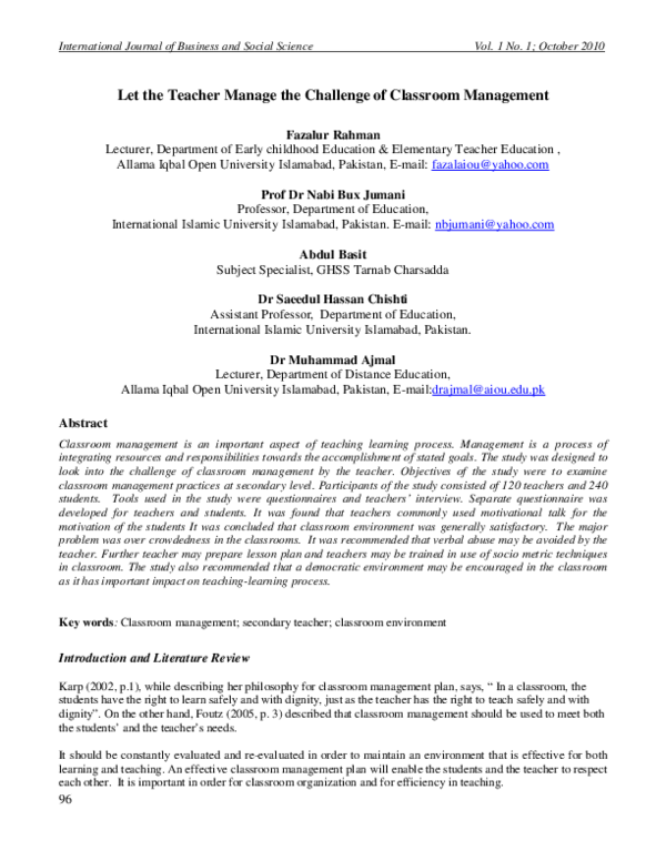 (PDF) Let the Teacher Manage the Challenge of Classroom Management