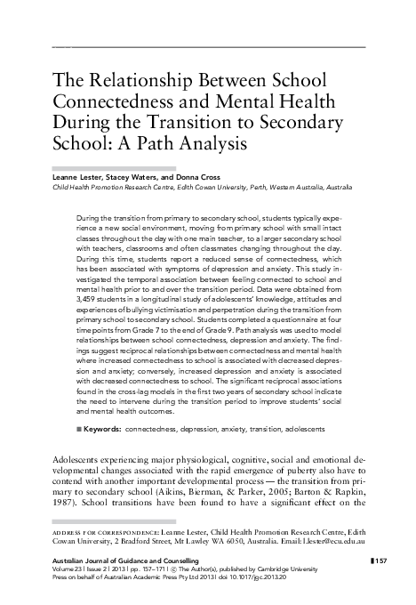 (PDF) The Relationship Between School Connectedness and Mental Health ...