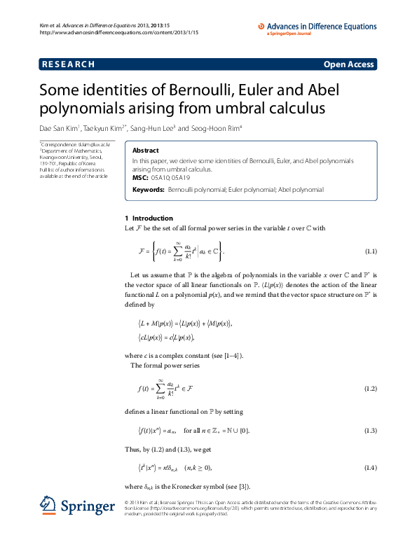 Pdf Some Identities Of Bernoulli Euler And Abel Polynomials Arising From Umbral Calculus