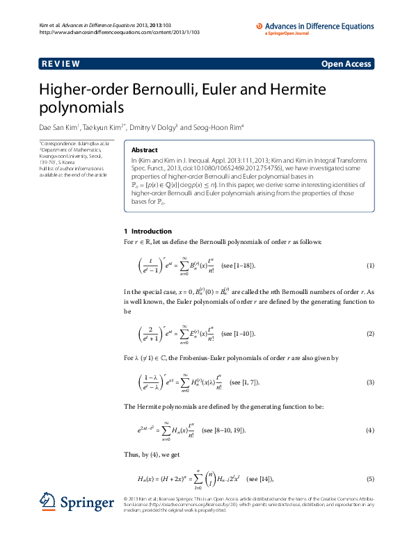 Pdf Higher Order Bernoulli Euler And Hermite Polynomials