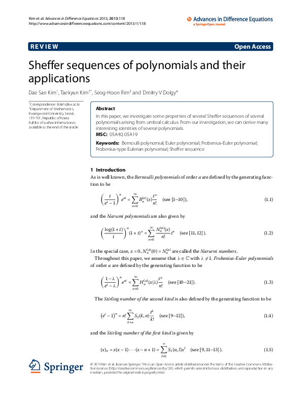 (PDF) Sheffer sequences of polynomials and their applications | Seog-Hoon Rim - Academia.edu