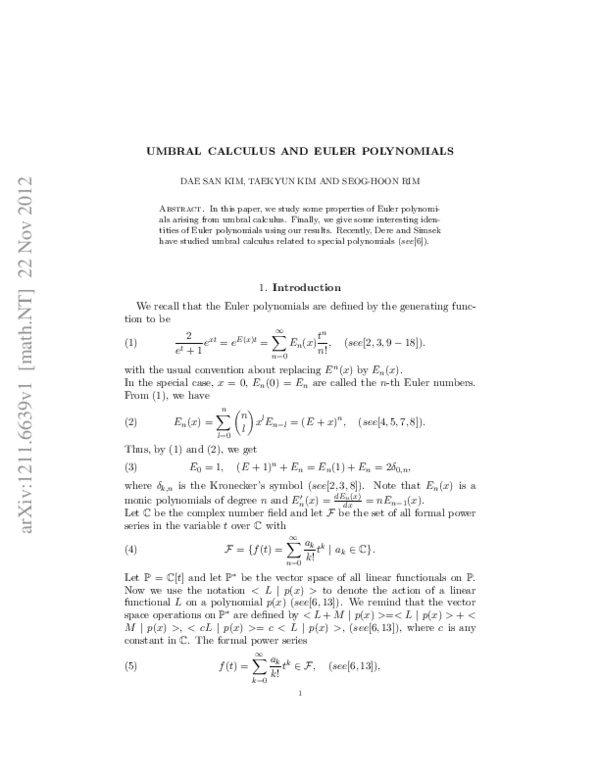 (PDF) Umbral calculus and Euler polynomials