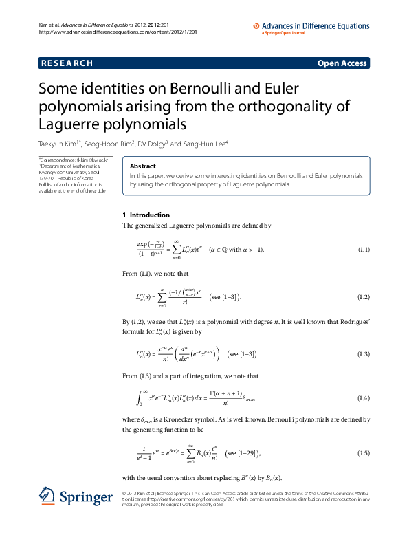 (PDF) Some identities on Bernoulli and Euler polynomials arising from the orthogonality of ...