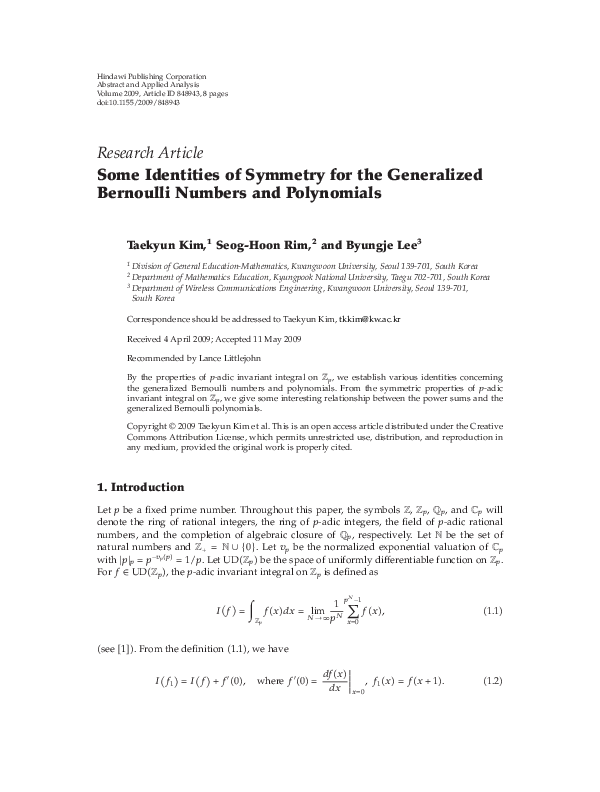 Pdf Some Identities Of Symmetry For The Generalized Bernoulli Numbers And Polynomials Seog