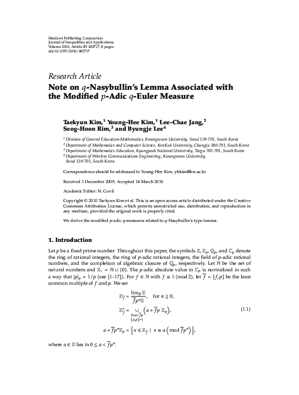 (PDF) Note on q-Nasybullin's Lemma Associated with the Modified p-Adic q-Euler Measure