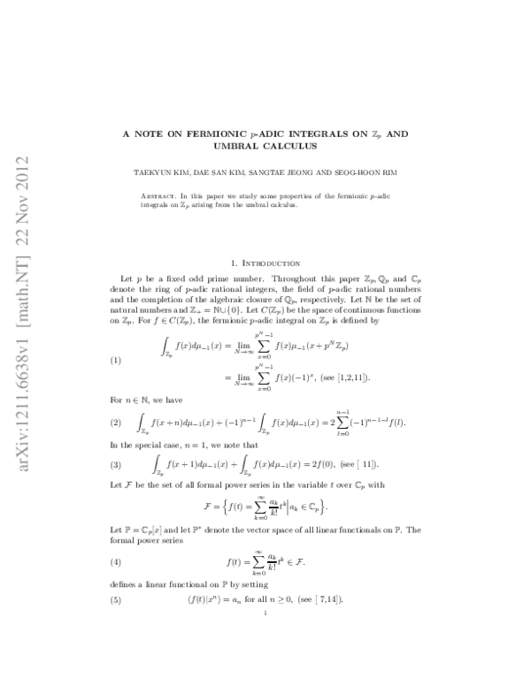 (PDF) Fermionic p-adic Integrals on Zp and Umbral Calculus Properties