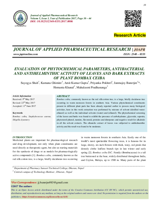 (PDF) Evaluation of phytochemical parameters, antibacterial and antihelminthic activity of ...