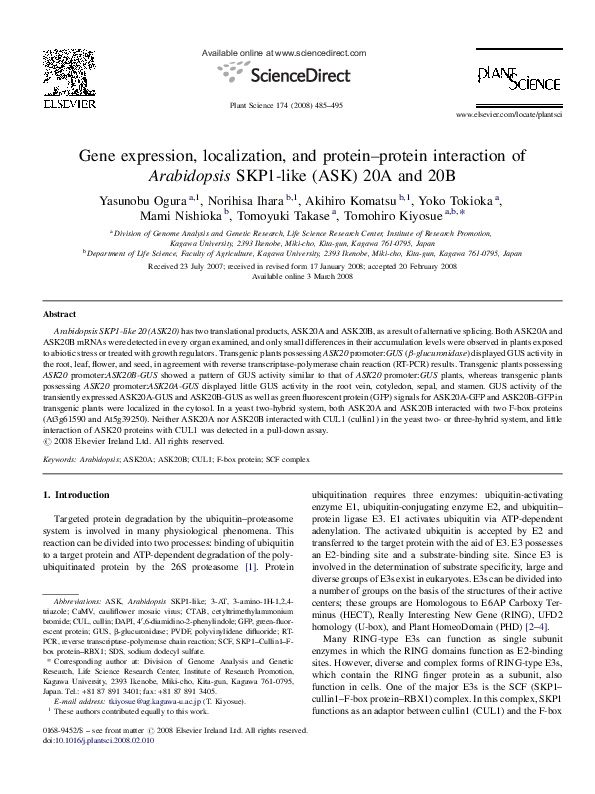 (PDF) Gene expression, localization, and protein–protein interaction of Arabidopsis SKP1-like ...