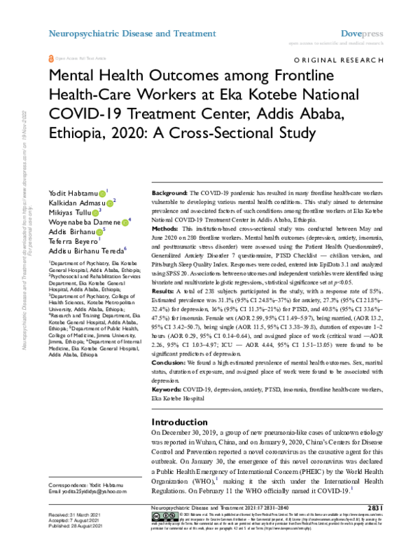 (PDF) Mental Health Outcomes among Frontline Health-Care Workers at Eka Kotebe National COVID-19 ...