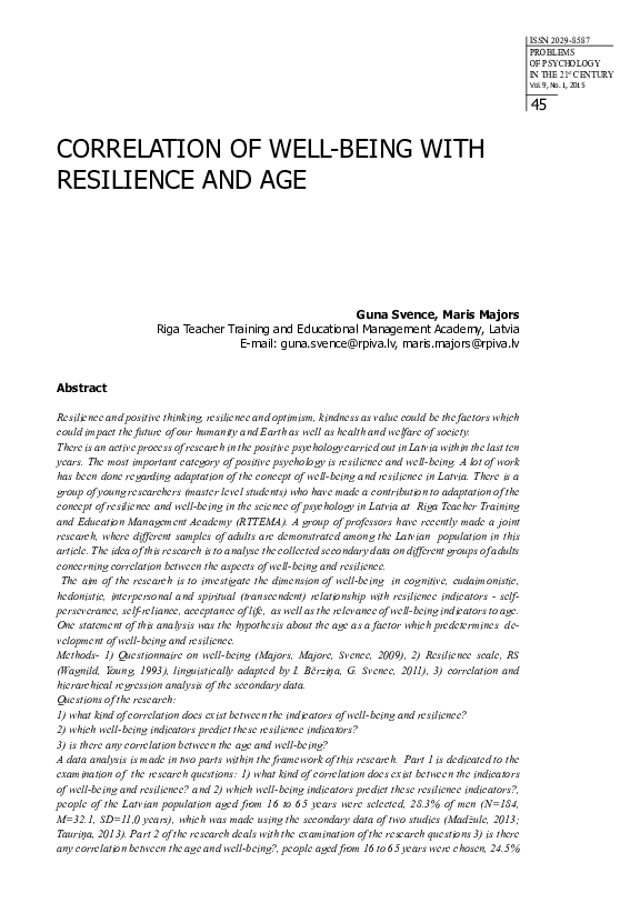(PDF) Correlation of Well-Being with Resilience and Age
