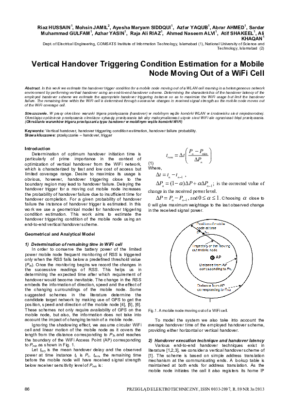 Vertical Handover Triggering Condition Estimation for a Mobile Node Moving Out of a WiFi Cell