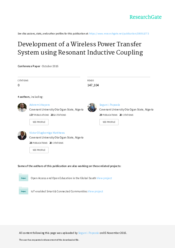 Pdf Development Of A Wireless Power Transfer System Using Resonant Inductive Coupling Conference