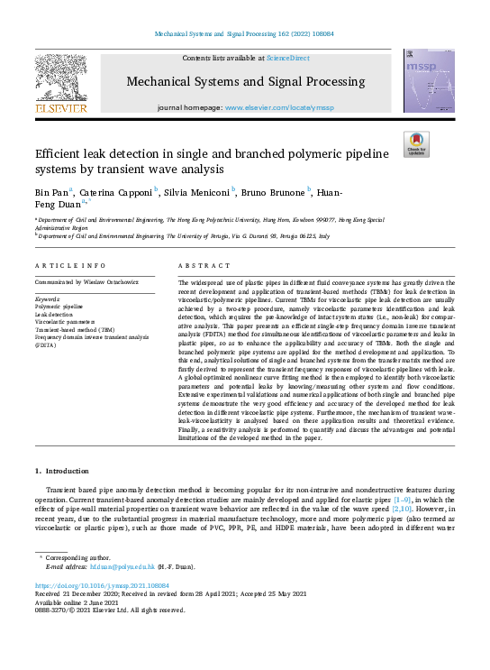 Pdf Efficient Leak Detection In Single And Branched Polymeric Pipeline Systems By Transient