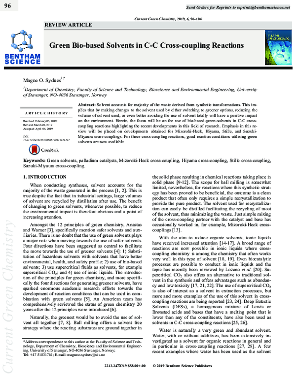 (PDF) Green Bio-Based Solvents in C-C Cross-Coupling Reactions