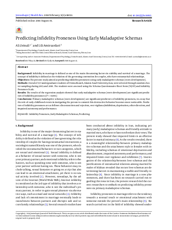 (PDF) Predicting Infidelity Proneness Using Early Maladaptive Schemas