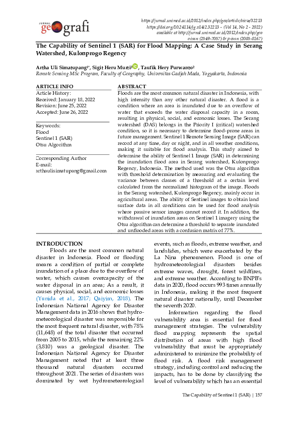 Pdf The Capability Of Sentinel 1 Sar For Flood Mapping A Case