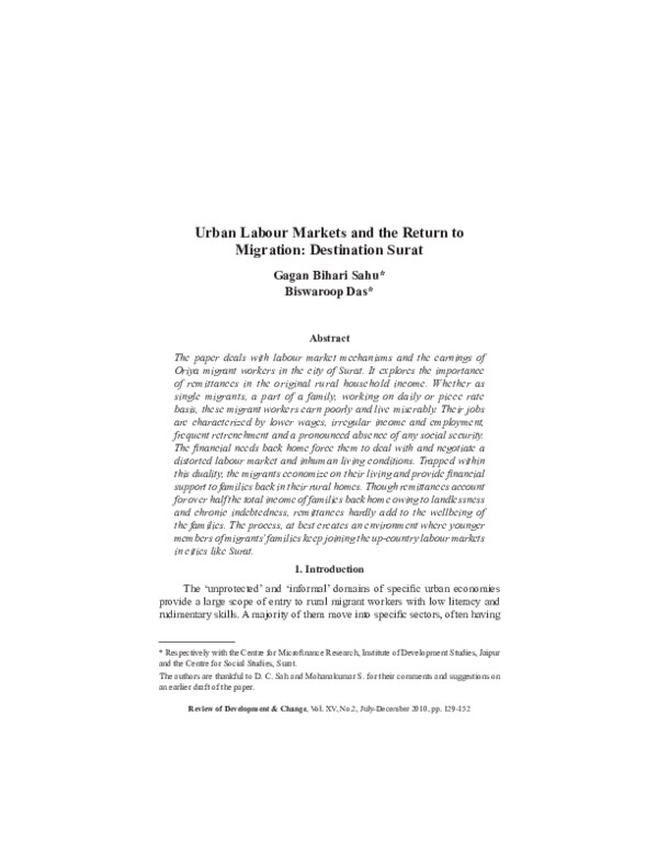 (PDF) Urban Labour Markets and the Return to Migration: Destination Surat