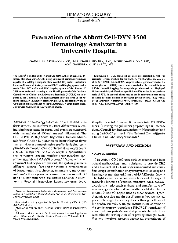 (PDF) Evaluation of the Abbott Cell-DYN 3500 Hematology Analyzer in a University Hospital