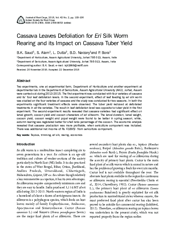 (PDF) Cassava Leaves Defoliation for Eri Silk Worm Rearing and its ...